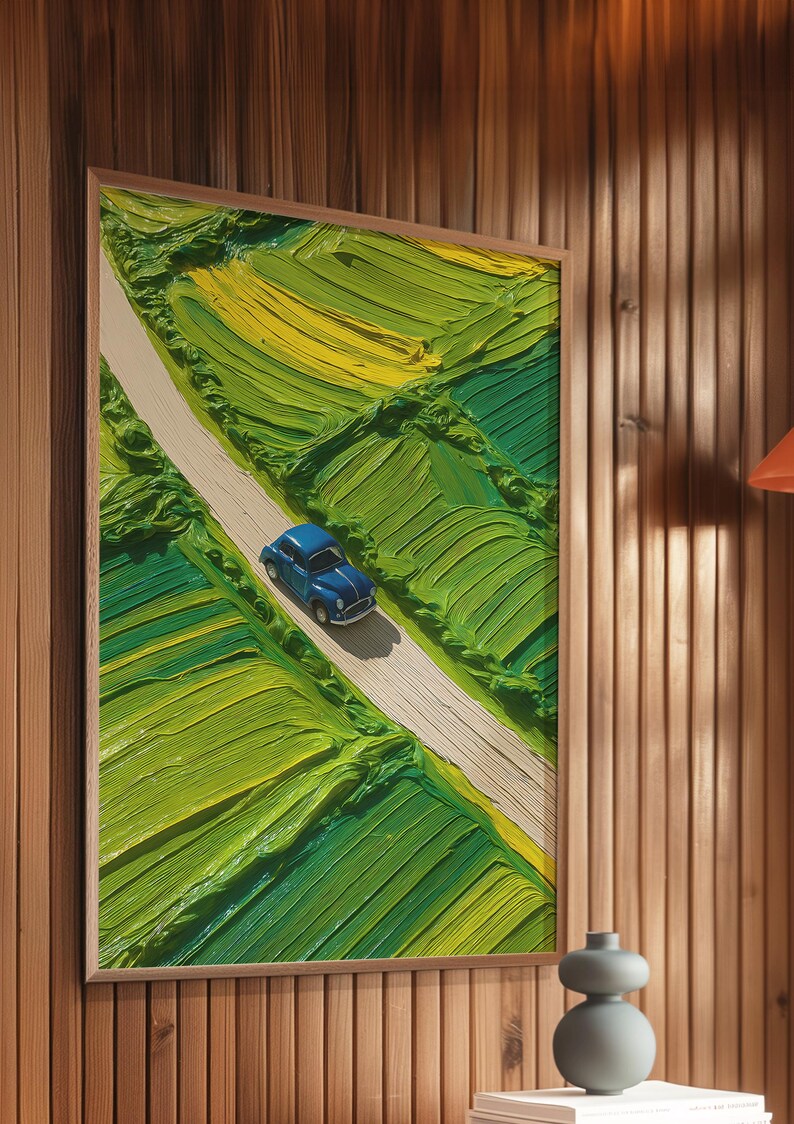 VW Bug Werner Bronkhorst Art Poster | 3D Textured Sage Green Landscape ...