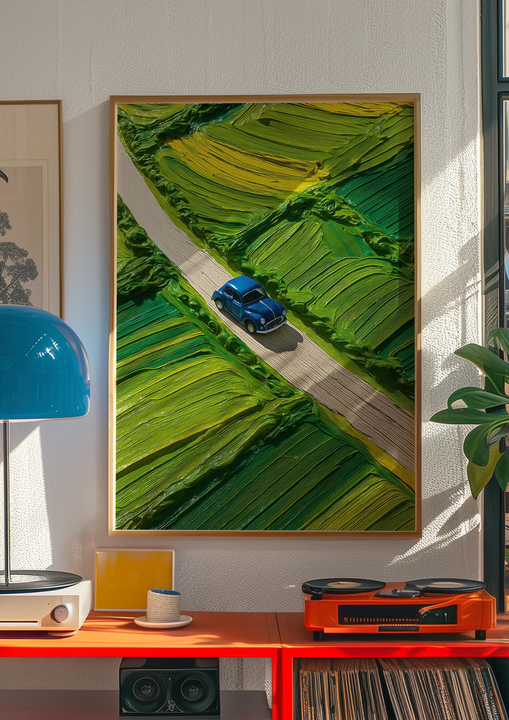VW Bug Werner Bronkhorst Art Poster | 3D Textured Sage Green Landscape ...