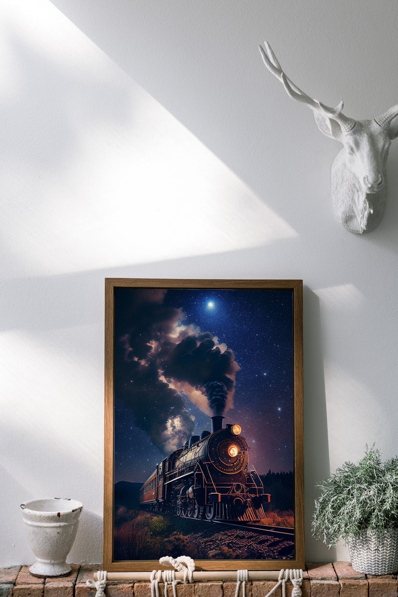 Printable Steam Train Under Starry Sky Painting, Portrait Art Print ...
