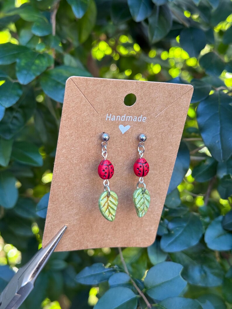 Whimsical Spring Ladybug Earrings, Handmade Dangling Stud Earrings, 24K ...