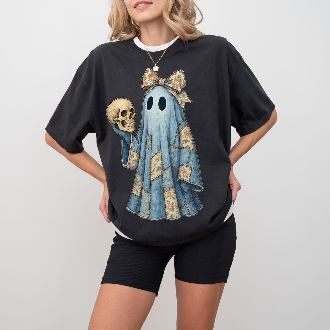 Retro Halloween Blue Denim Ghost Png, Trendy Patchwork Spooky Ghost Png ...