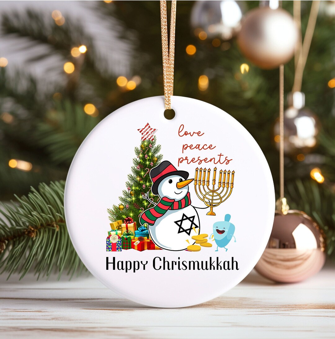 Happy Chrismukkah Ornament Snowman With Menorah Love Peace Presents ...