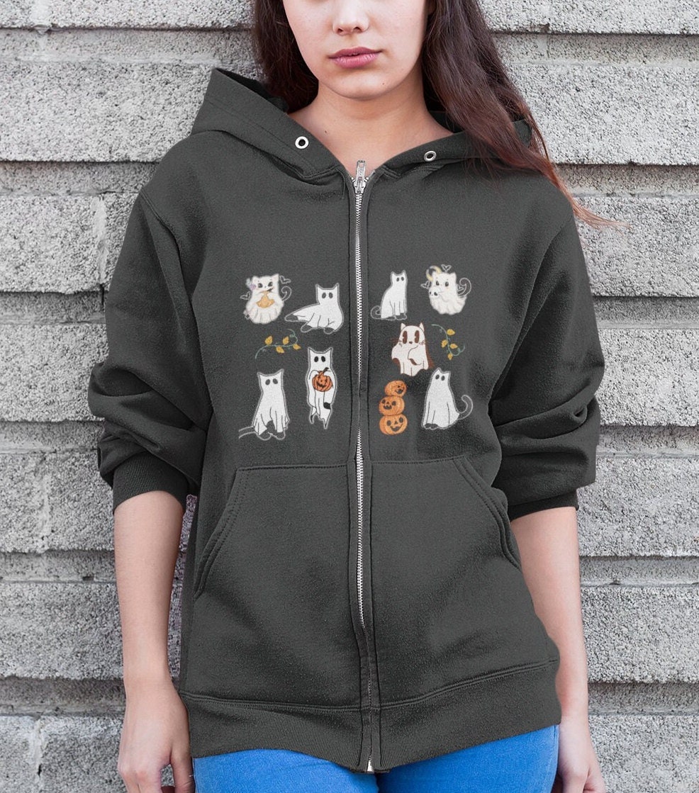 Halloween Sweatshirt Zip up Hoodie Cat Sweatshirt Ghost Cats Shirt ...