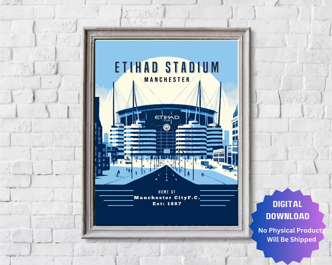 Vintage Art Deco Manchester City FC Etihad Stadium Poster Retro Design ...