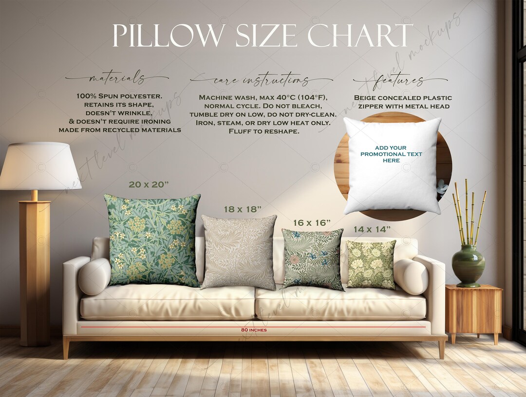 Pillow Mockup Size Chart, Spun Polyester Square Pillow Mockup, Generic ...