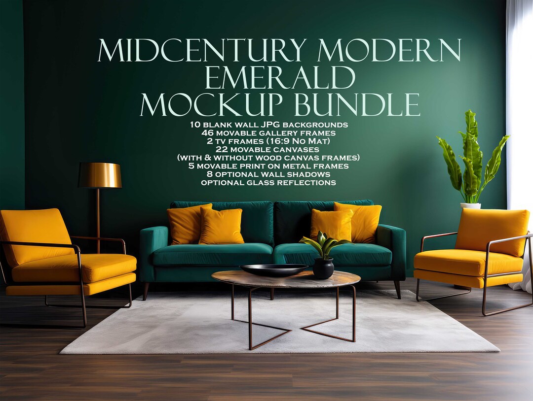 Frame Mockup Bundle (10), Midcentury Modern Emerald & Gold, Wall Art ...