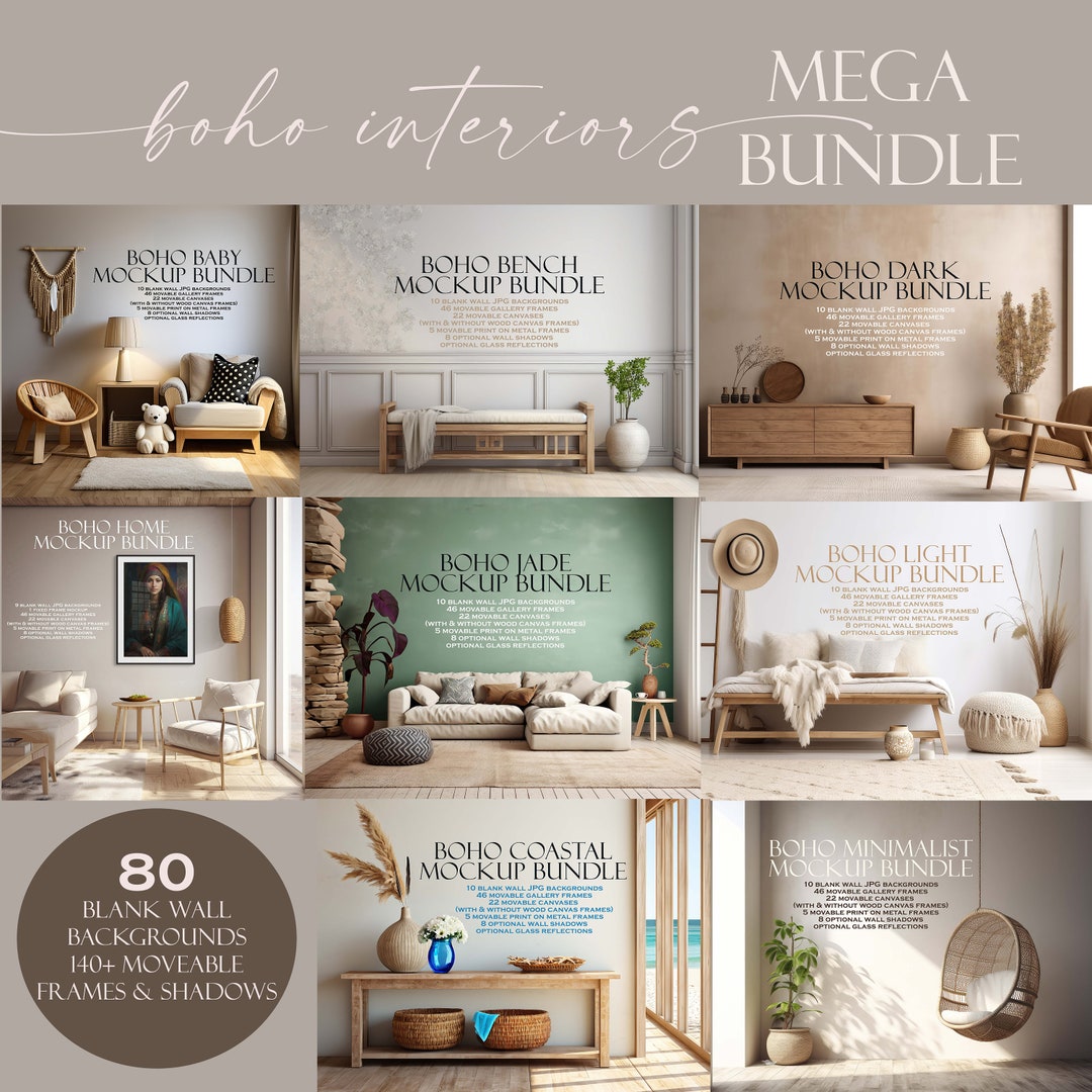 Boho Interiors Frame Mockup Bundle (80), Mega Bundle, Blank Wall Mockup ...