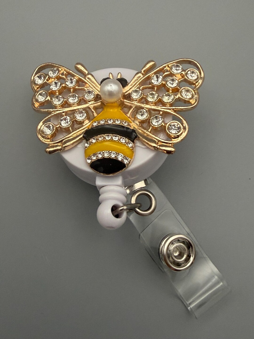 Gold Tone Rhinestone Bee Badge Reel With Pearl Accent – Retractable ID ...