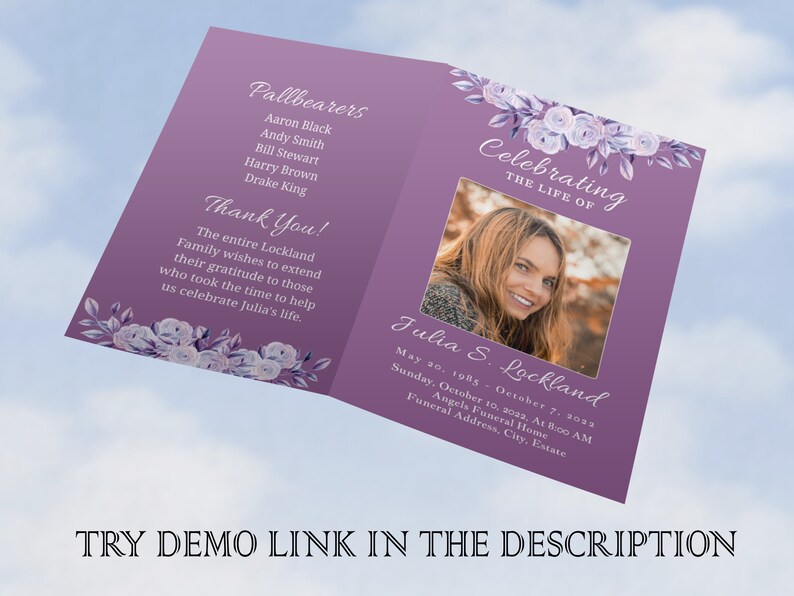 Purple Funeral Program Editable Funeral Program Purple - Etsy