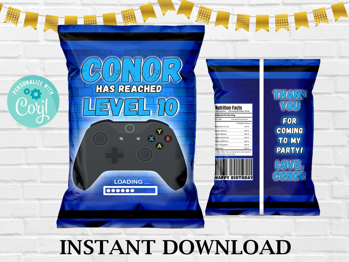 Gamer Birthday Chip Bag, Editable Gamer Birthday Chip Bag Blue, Gamer ...