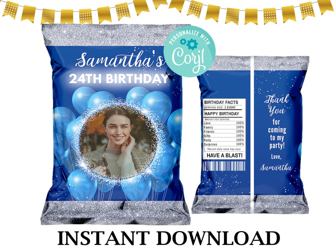 Blue and Silver Birthday Chip Bag Label, Editable Adult Birthday Chip ...