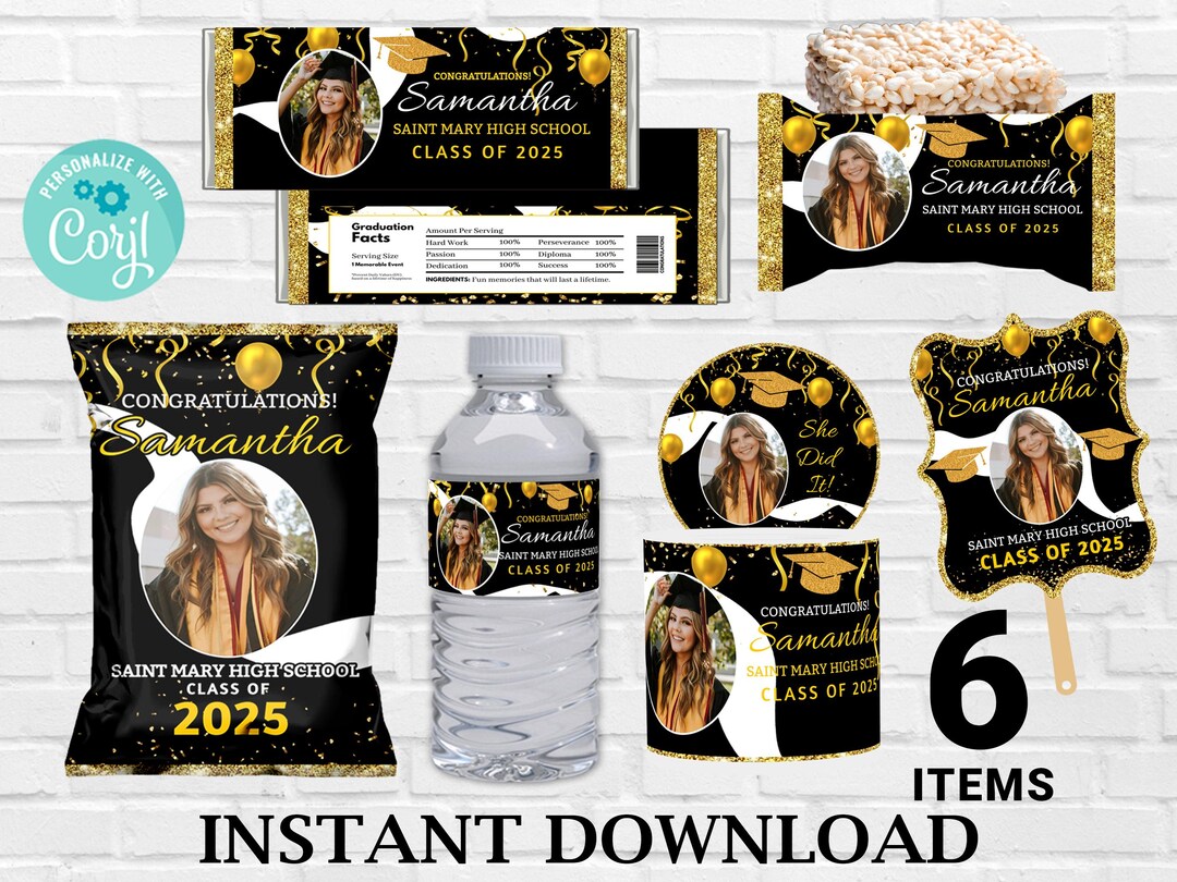 Graduation Party Bundle, Editable Graduation 6 Items Set, Black, White ...
