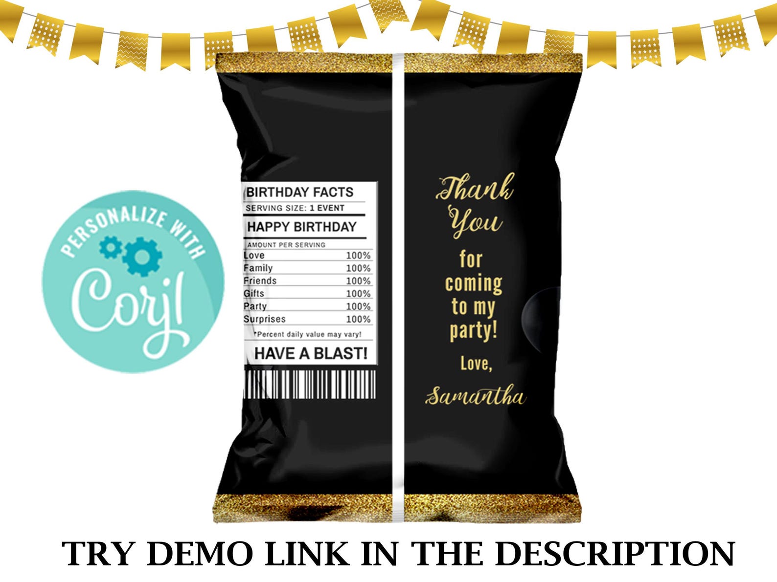 Black and Gold Birthday Chip Bag Label, Editable Adult Birthday Chip ...