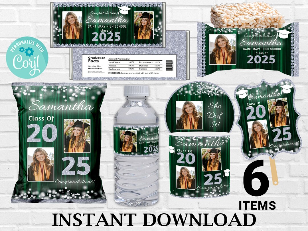 Graduation Party Bundle, Editable Graduation 6 Items Set, Green and ...
