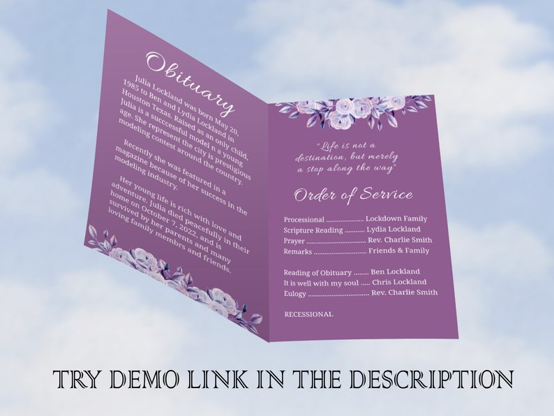 Purple Funeral Program Editable Funeral Program Purple - Etsy