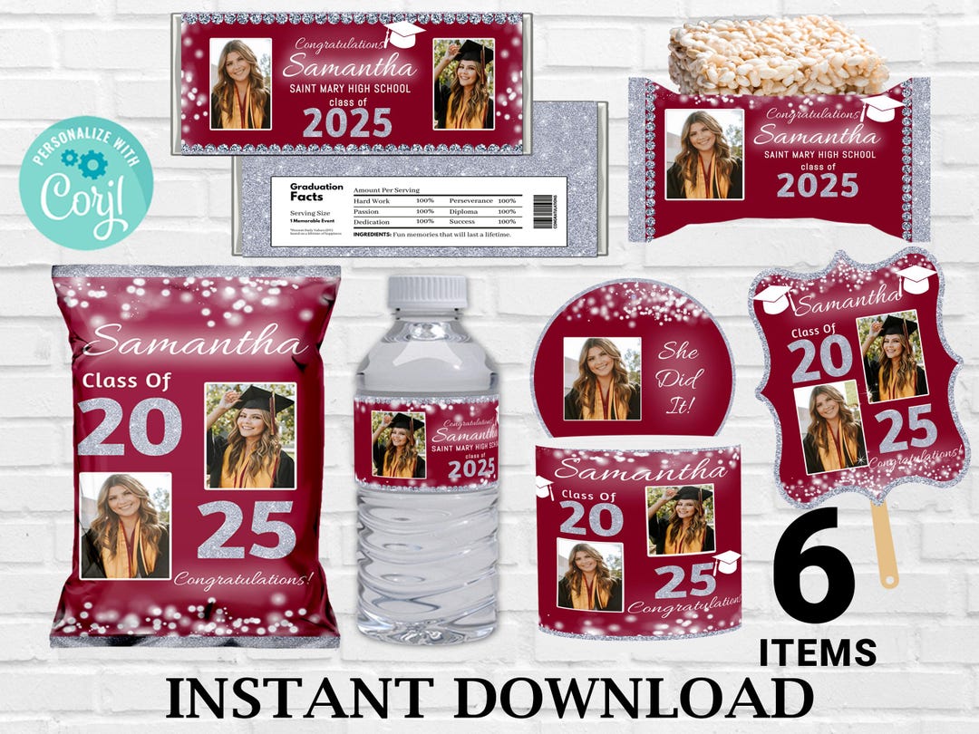 Graduation Party Favor Bundle, Silver and Burgundy Treat 6 Items Set ...