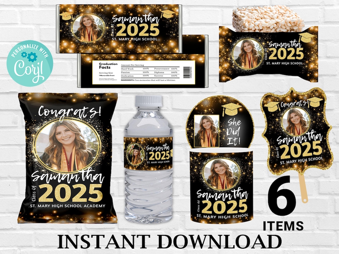 Graduation Party Bundle, Editable Graduation 6 Items Set, Black and ...