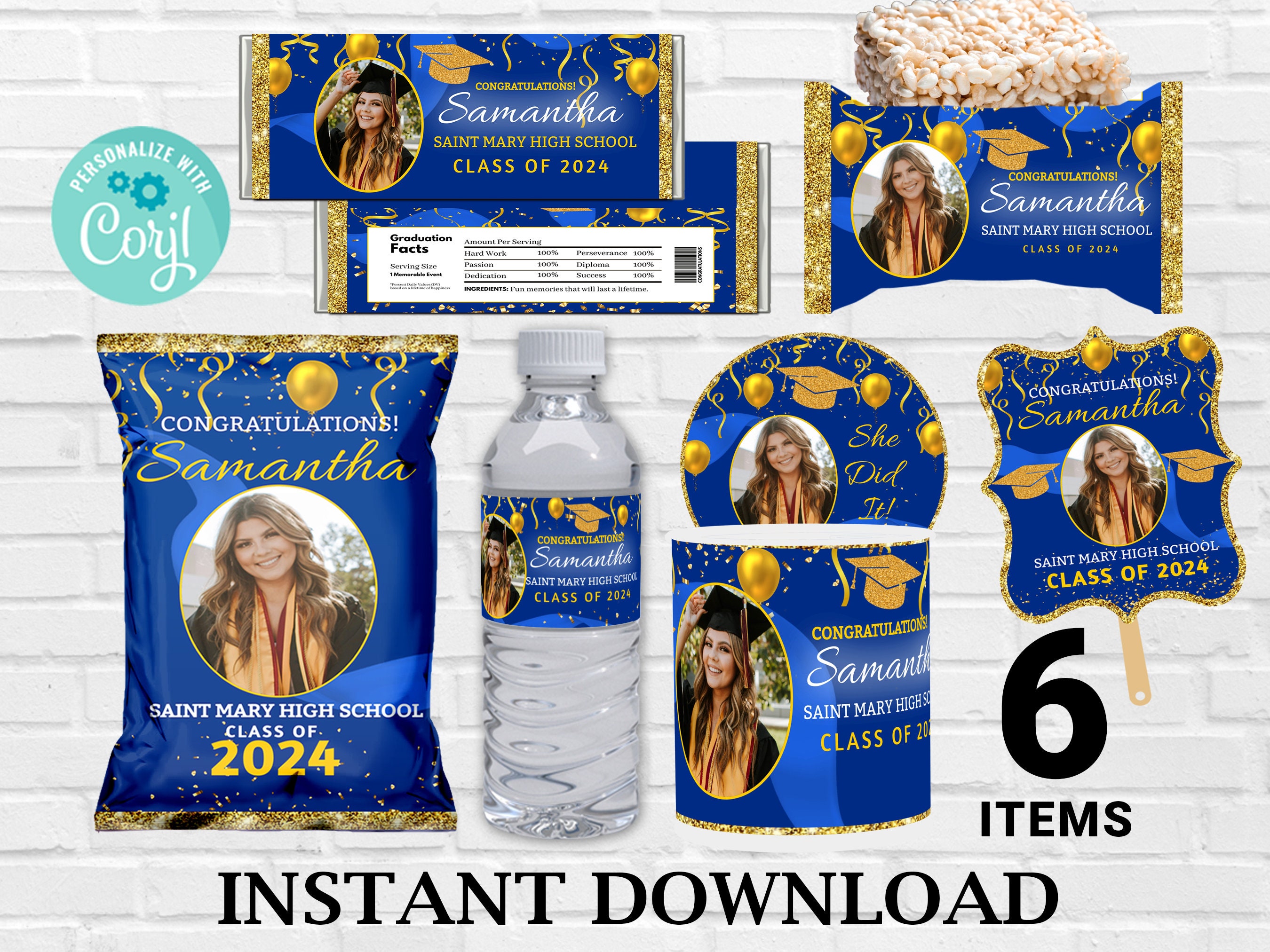 Graduation Party Bundle, Editable Graduation 6 Items Set, Blue and Gold ...