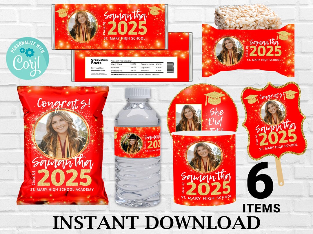 Graduation Party Bundle, Editable Graduation 6 Items Set, Red and Gold ...