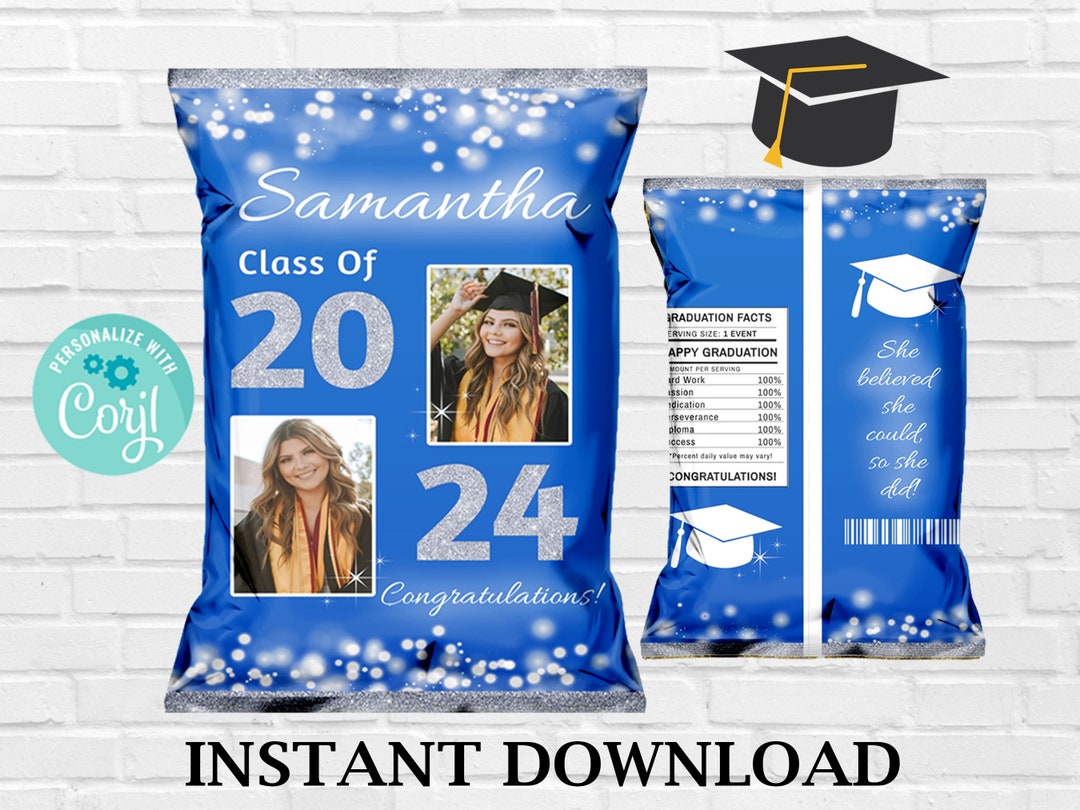 Graduation Chip Bag, Editable Graduation Chip Bag, Blue and Silver ...