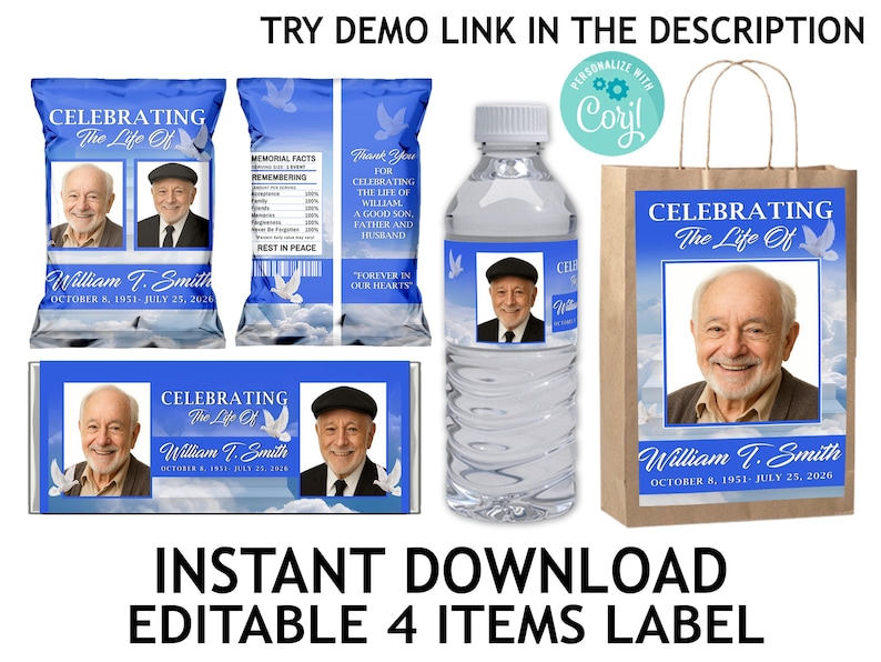 Editable Memorial Label Bundle: Chip Bag, Water Bottle, Gift Bag, Candy ...