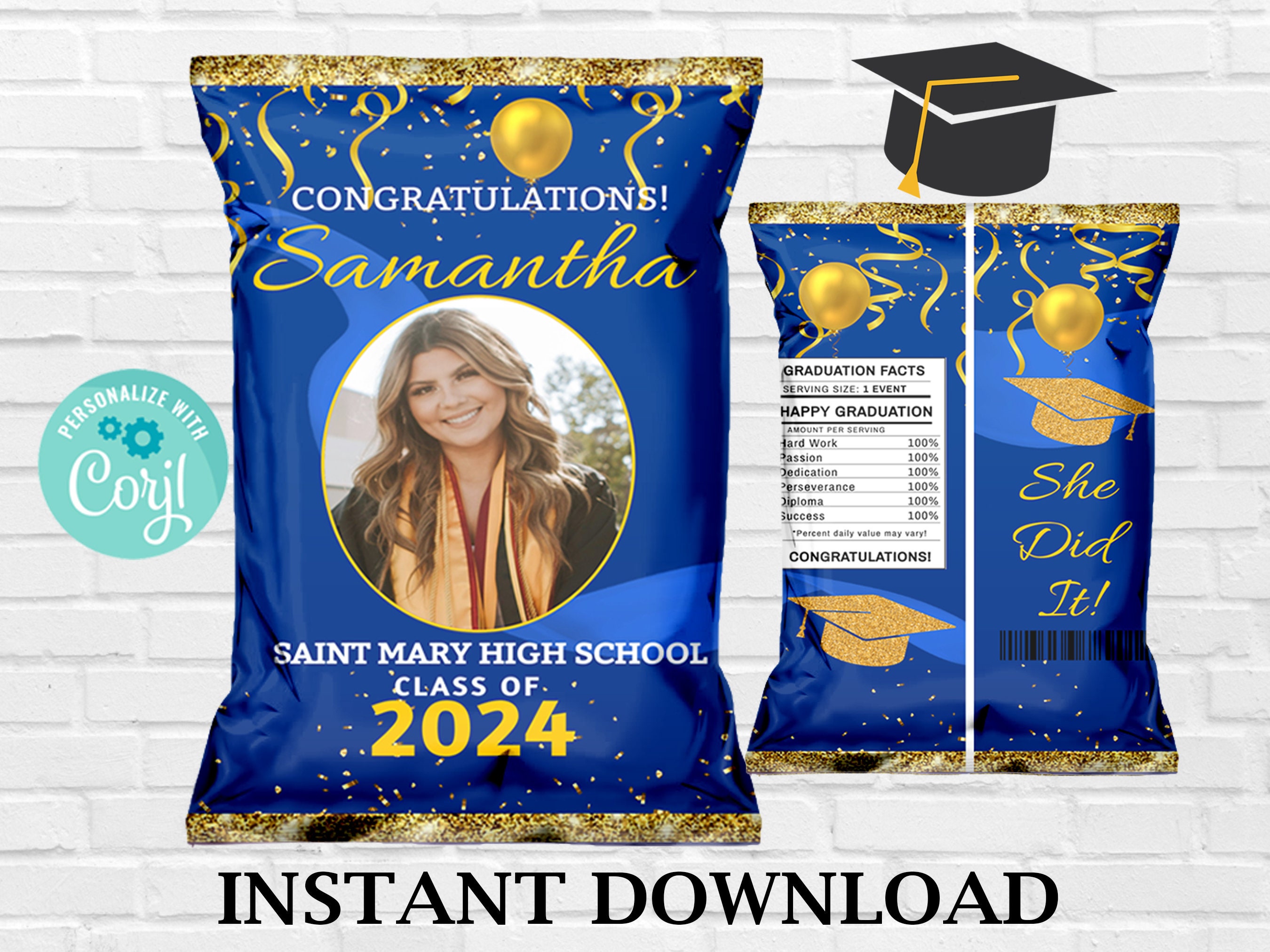 Graduation Party Bundle, Editable Graduation 6 Items Set, Blue and Gold ...