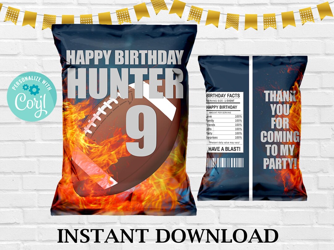 Football Chip Bag, Football Birthday Chip Bag, Editable Football Flame ...