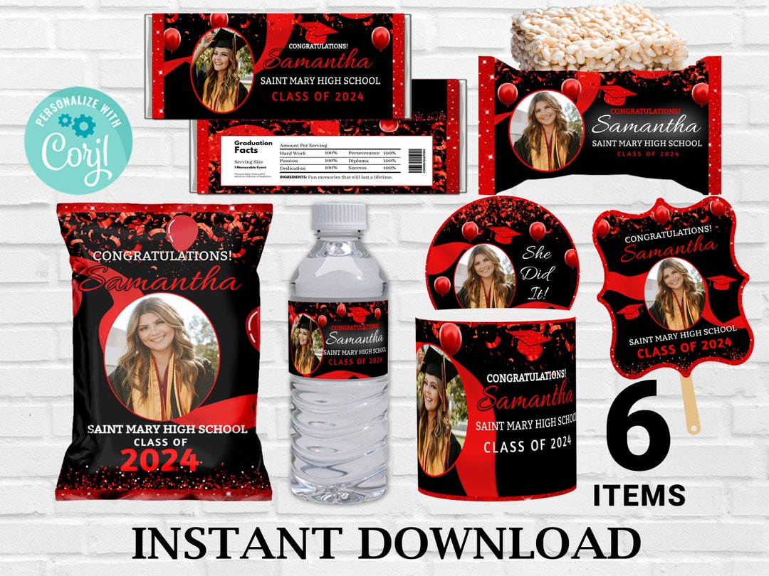 Graduation Party Bundle, Editable Graduation 6 Items Set, Red and Black ...
