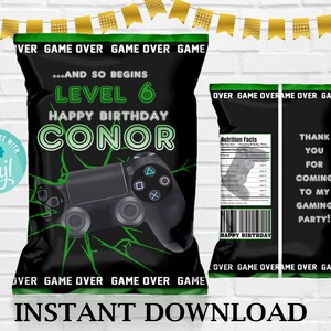 Gamer Chip Bag, Editable Gamer Chip Bag, Gamer Green Birthday Party ...