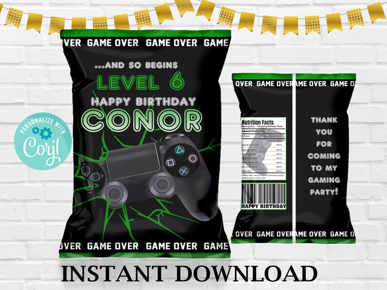 Gamer Chip Bag, Editable Gamer Chip Bag, Gamer Green Birthday Party ...