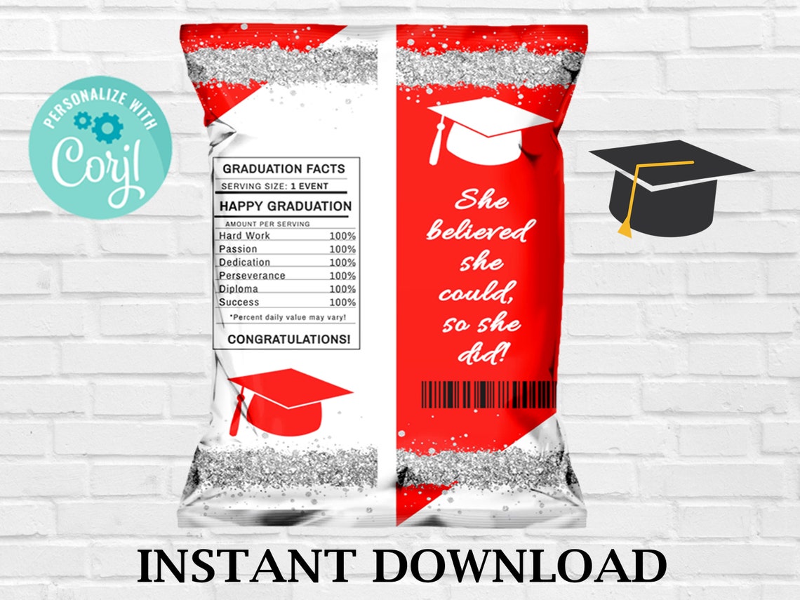 Graduation Chip Bag, Editable Graduation Chip Bag, Red and White ...