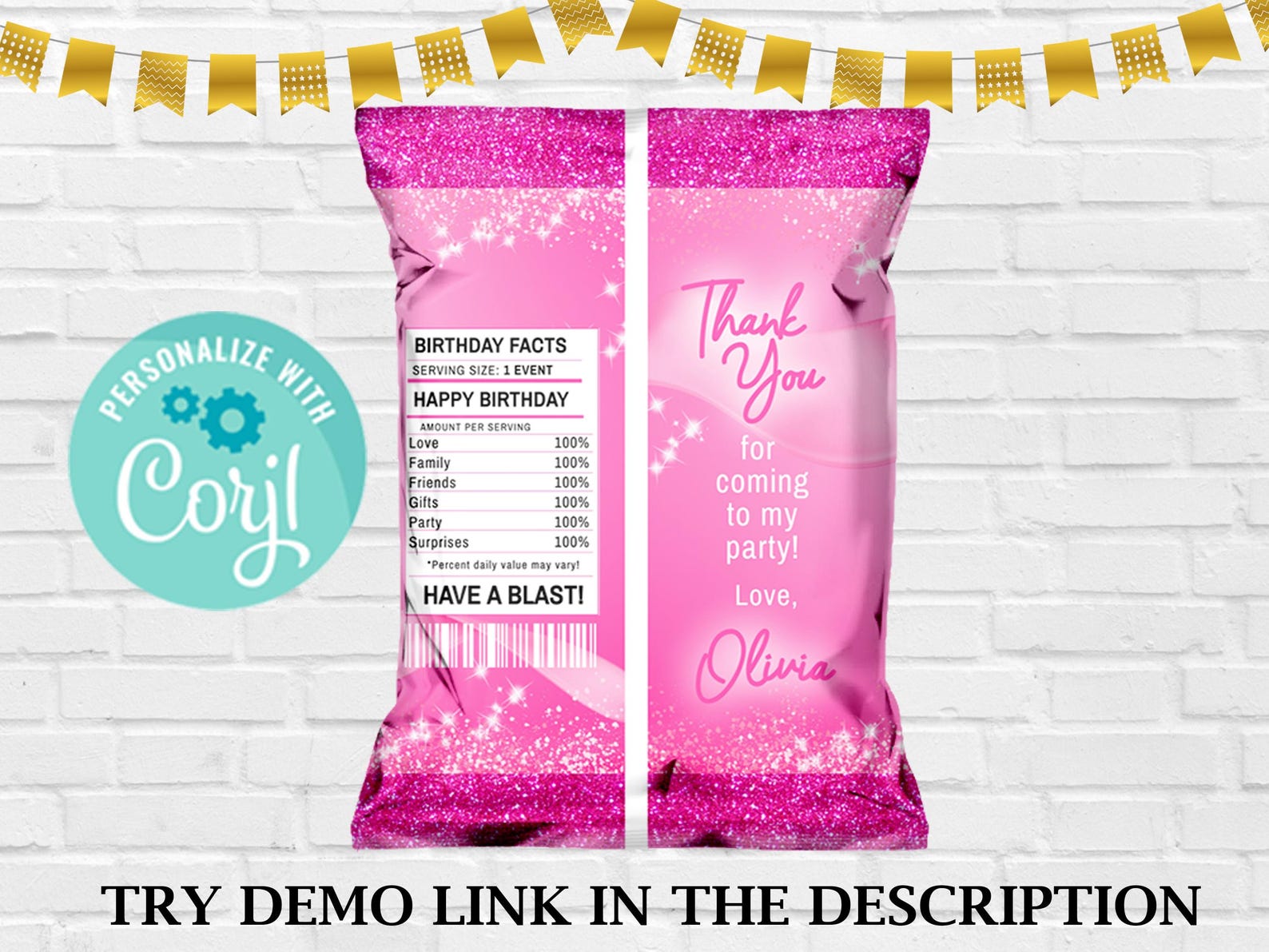 Pink Chip Bag, Editable Chip Template, Editable Pink Birthday Chip Bag ...