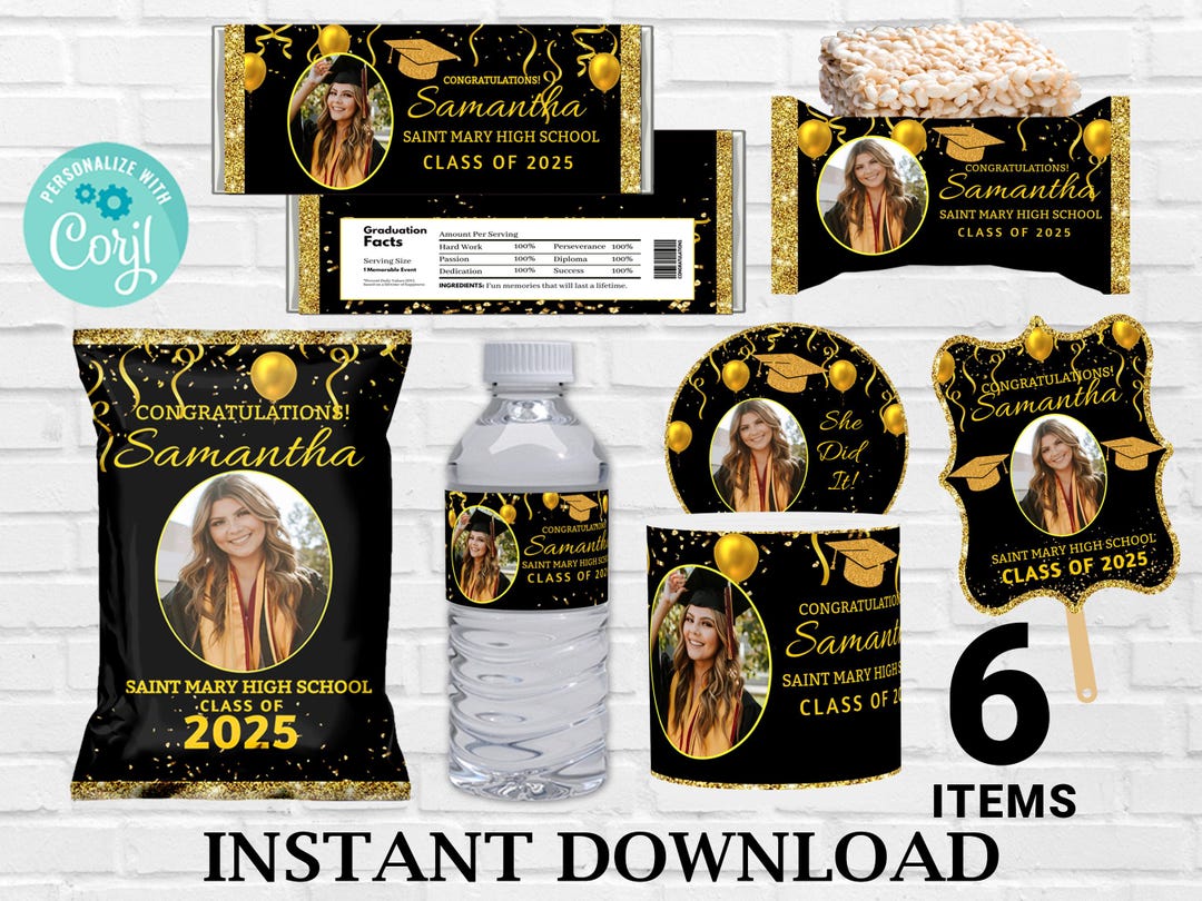 Editable Graduation Party Favor Bundle, Black Gold Grad Treats (digital ...