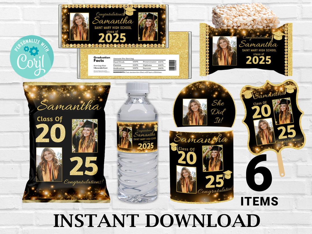 Graduation Party Favor Bundle, Gold and Black Treat 6 Items Set ...