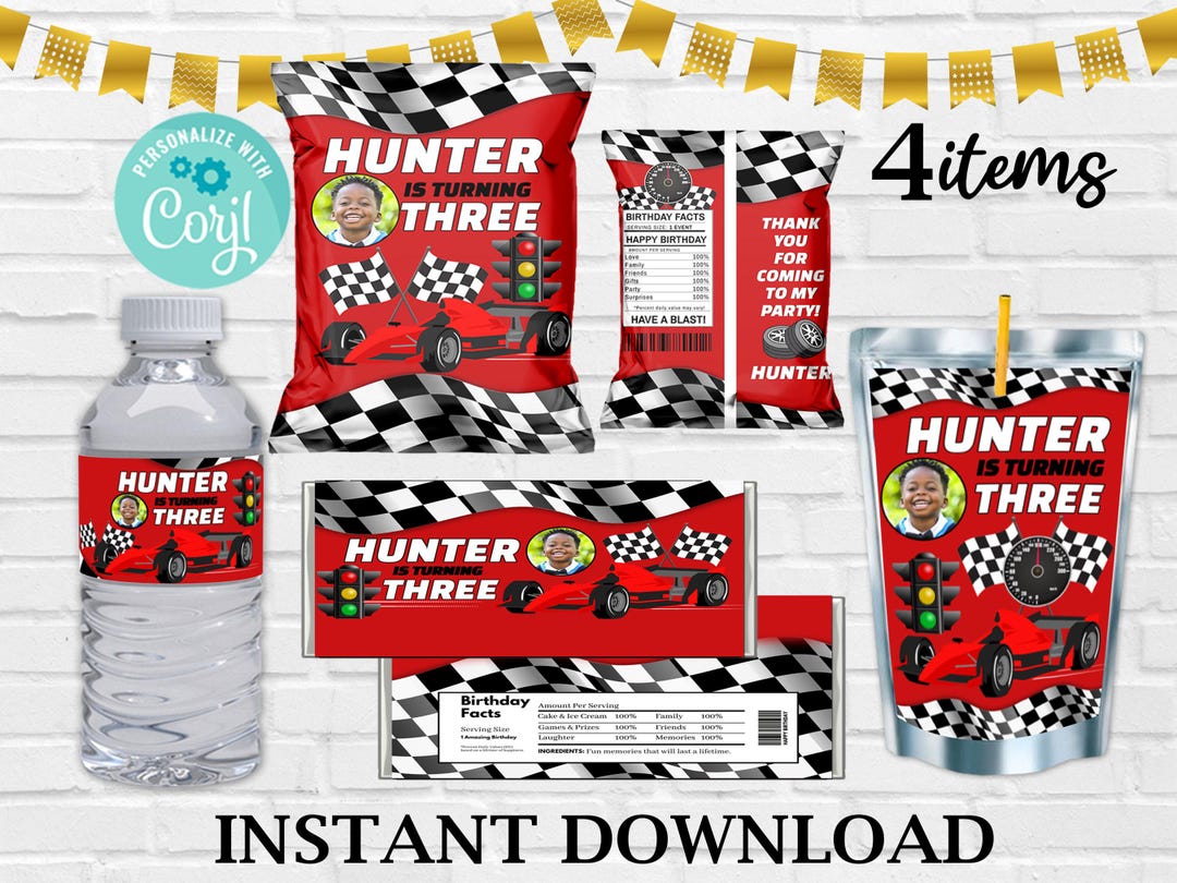 Race Car Party Bundle, Editable Red Race Car Birthday 4 Items Set, Race ...