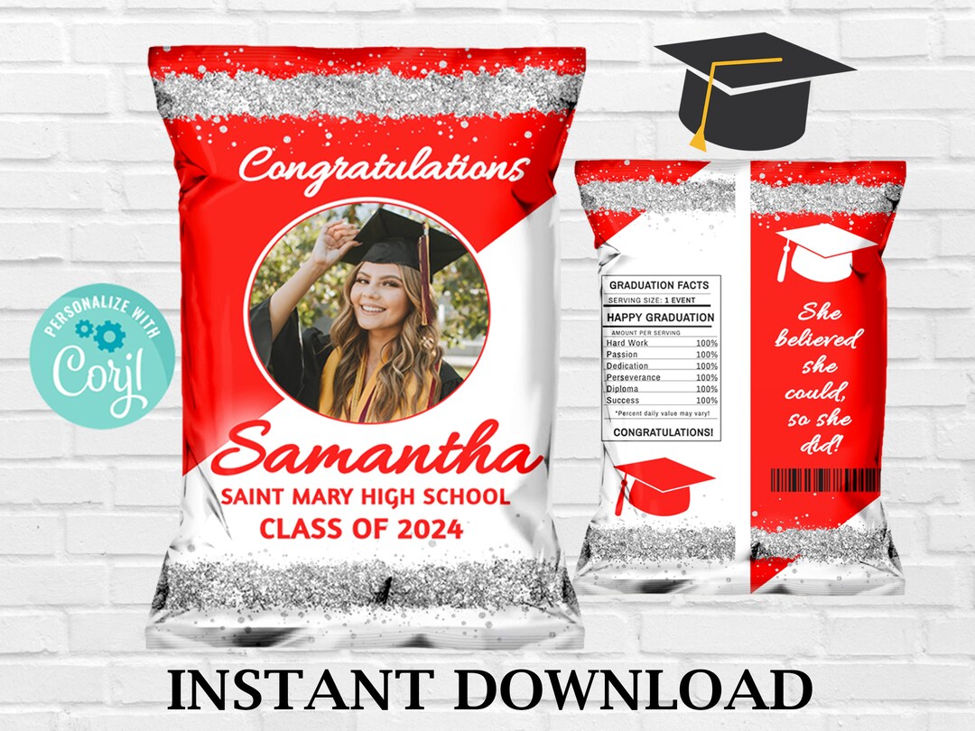 Graduation Chip Bag, Editable Graduation Chip Bag, Red and White ...