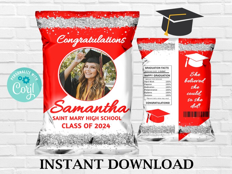 Graduation Chip Bag, Editable Graduation Chip Bag, Red and White ...