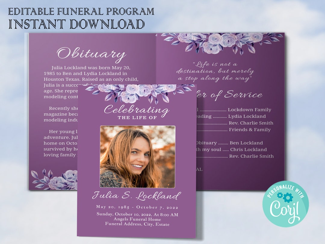 Purple Funeral Program, Editable Funeral Program, Purple Floral ...