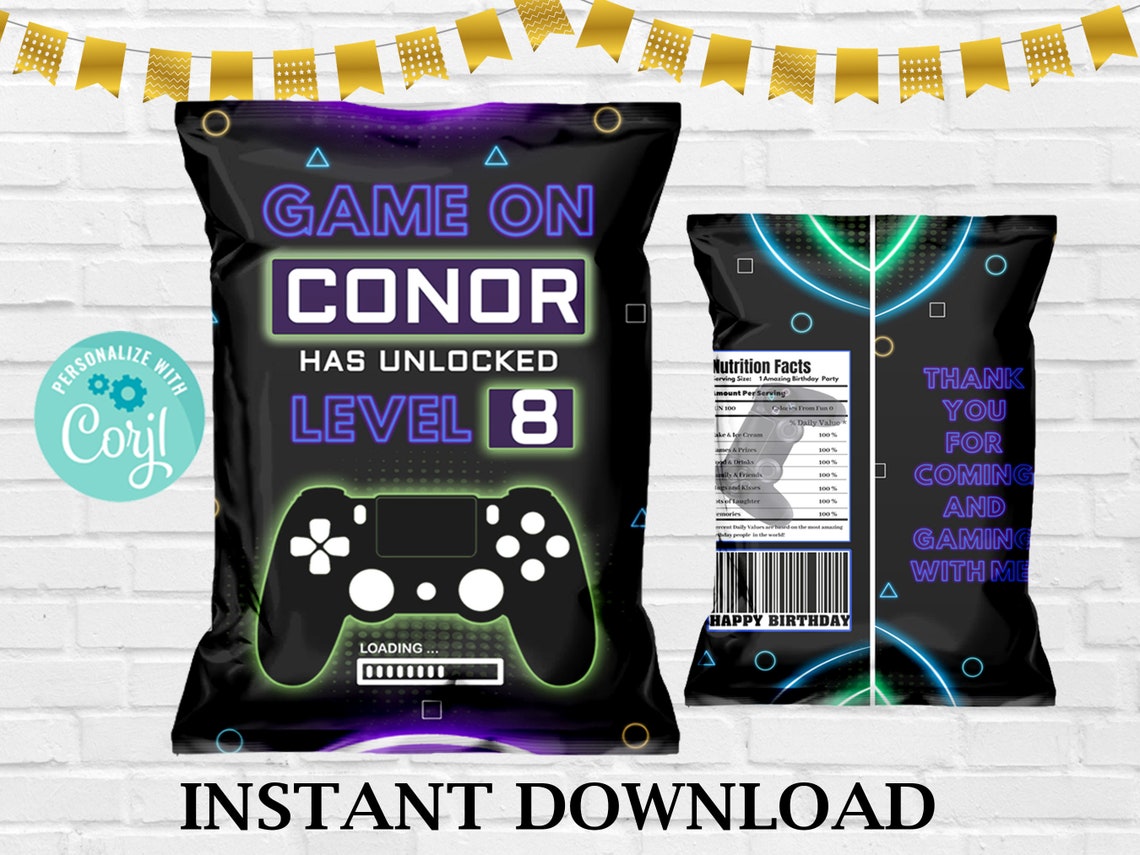 Gamer Chip Bag, Editable Gamer Chip Bag, Gamer Glow Birthday Party ...