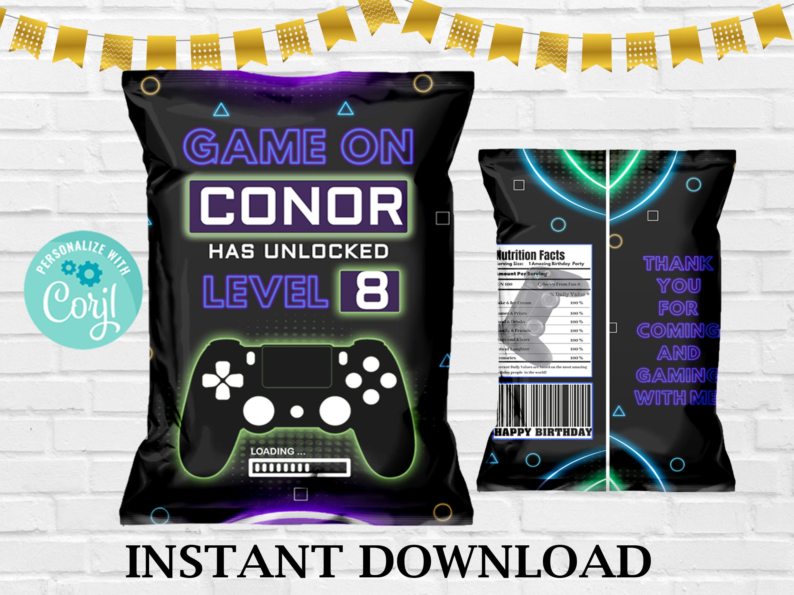 Gamer Chip Bag, Editable Gamer Chip Bag, Gamer Glow Birthday Party ...