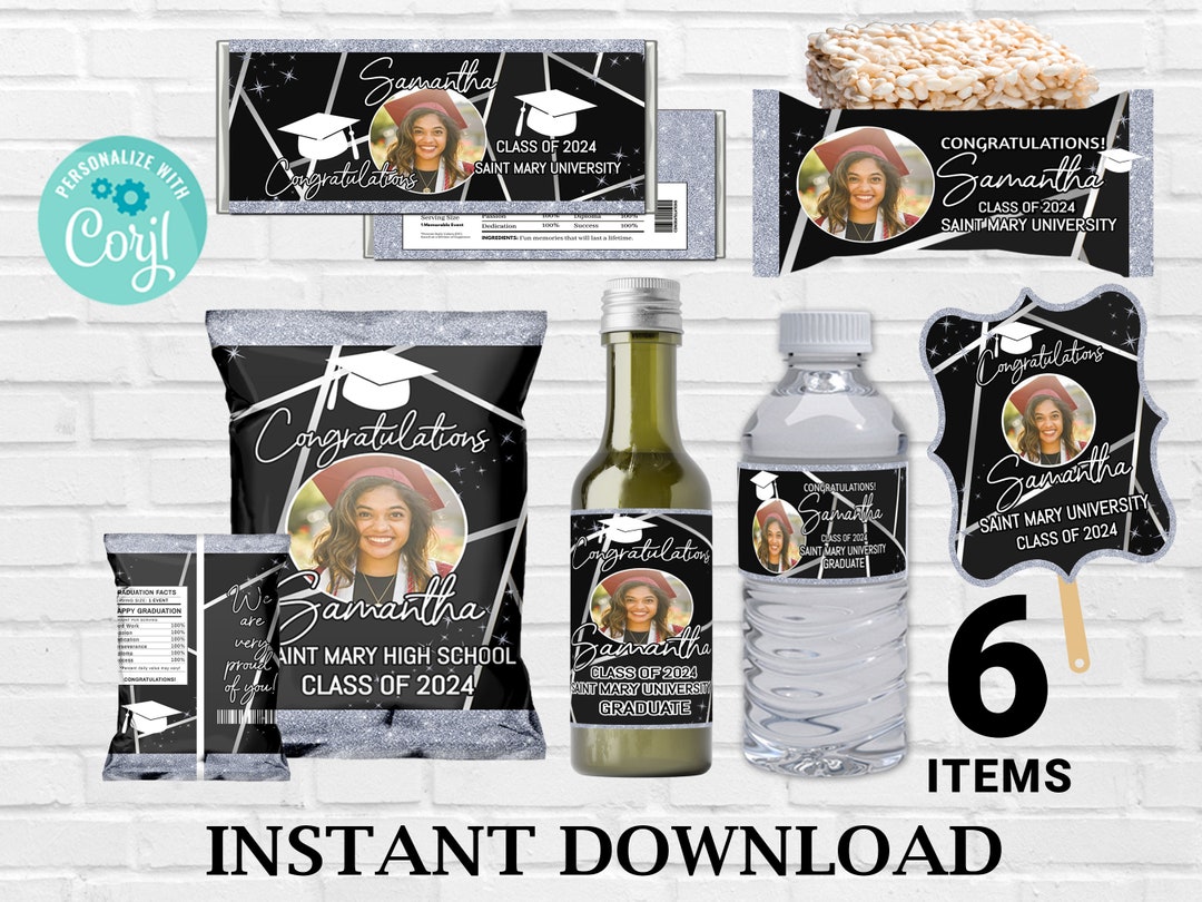 Graduation Party Favor Bundle, Editable Graduation 6 Items Set, Silver ...