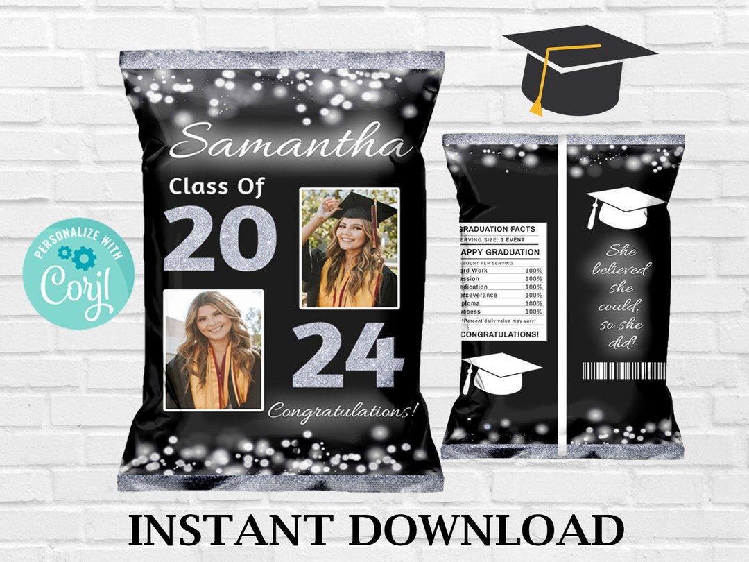 Graduation Chip Bag, Editable Graduation Chip Bag, Black and Silver ...
