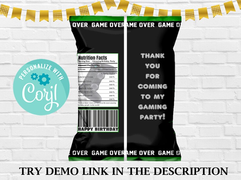 Gamer Chip Bag, Editable Gamer Chip Bag, Gamer Green Birthday Party ...