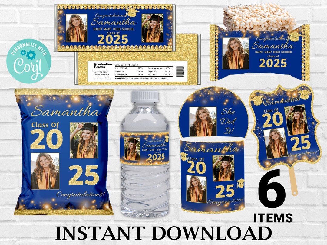 Blue Gold Graduation Party Favor Bundle, Editable Photo Template ...