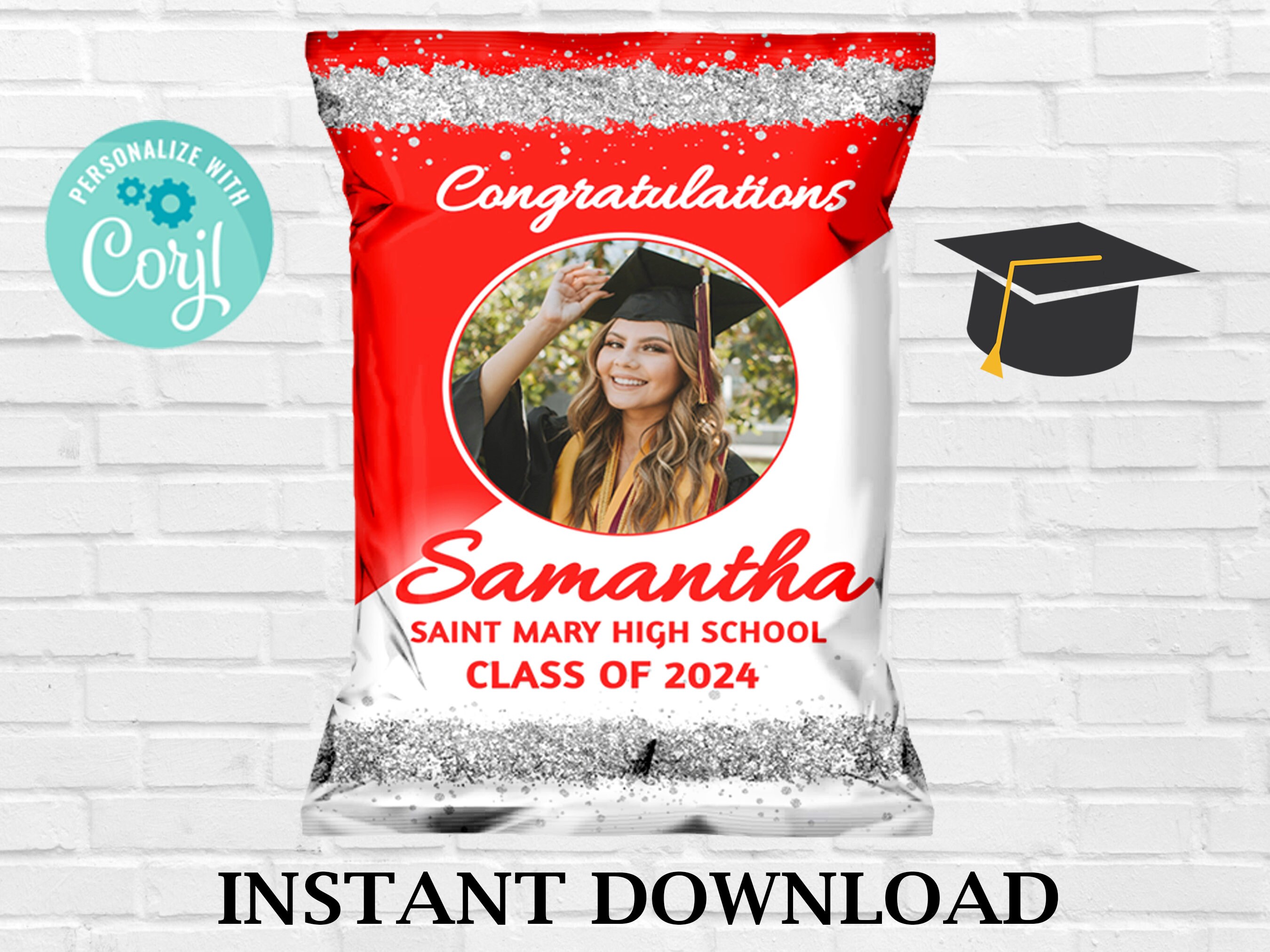 Graduation Chip Bag, Editable Graduation Chip Bag, Red and White ...
