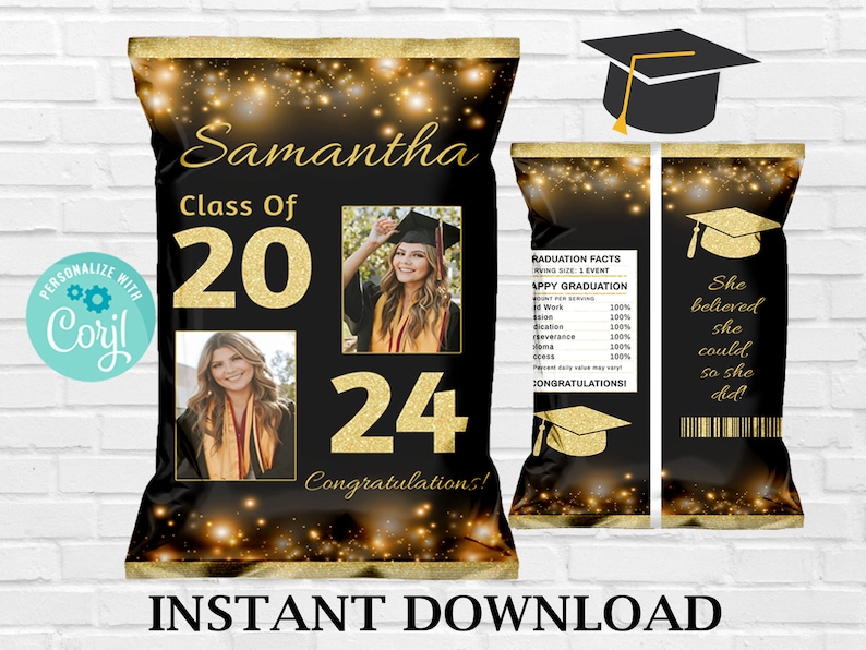 Editable Black and Gold Graduation Chip Bag With Photos (instant ...