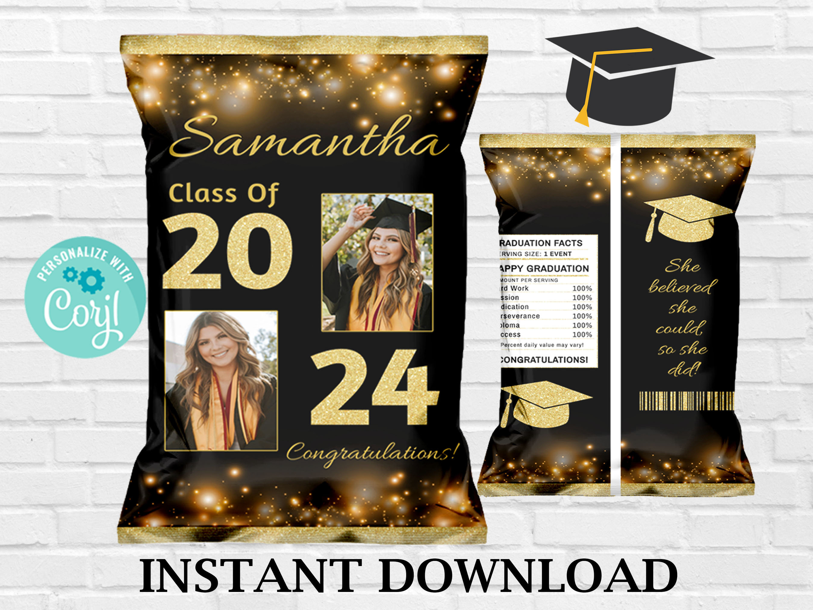 Graduation Chip Bag, Editable Graduation Chip Bag, Black and Gold ...