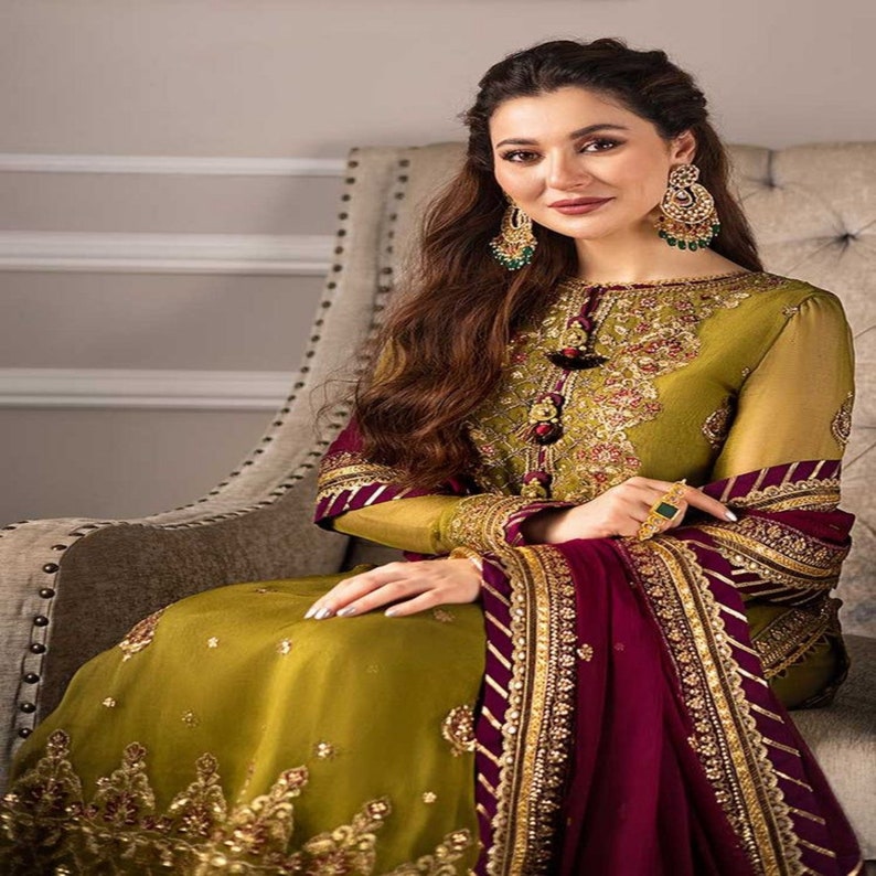 Pakistani Indian Bridal Wedding Dress Green Mehndi Gharara Kurti Outfit ...