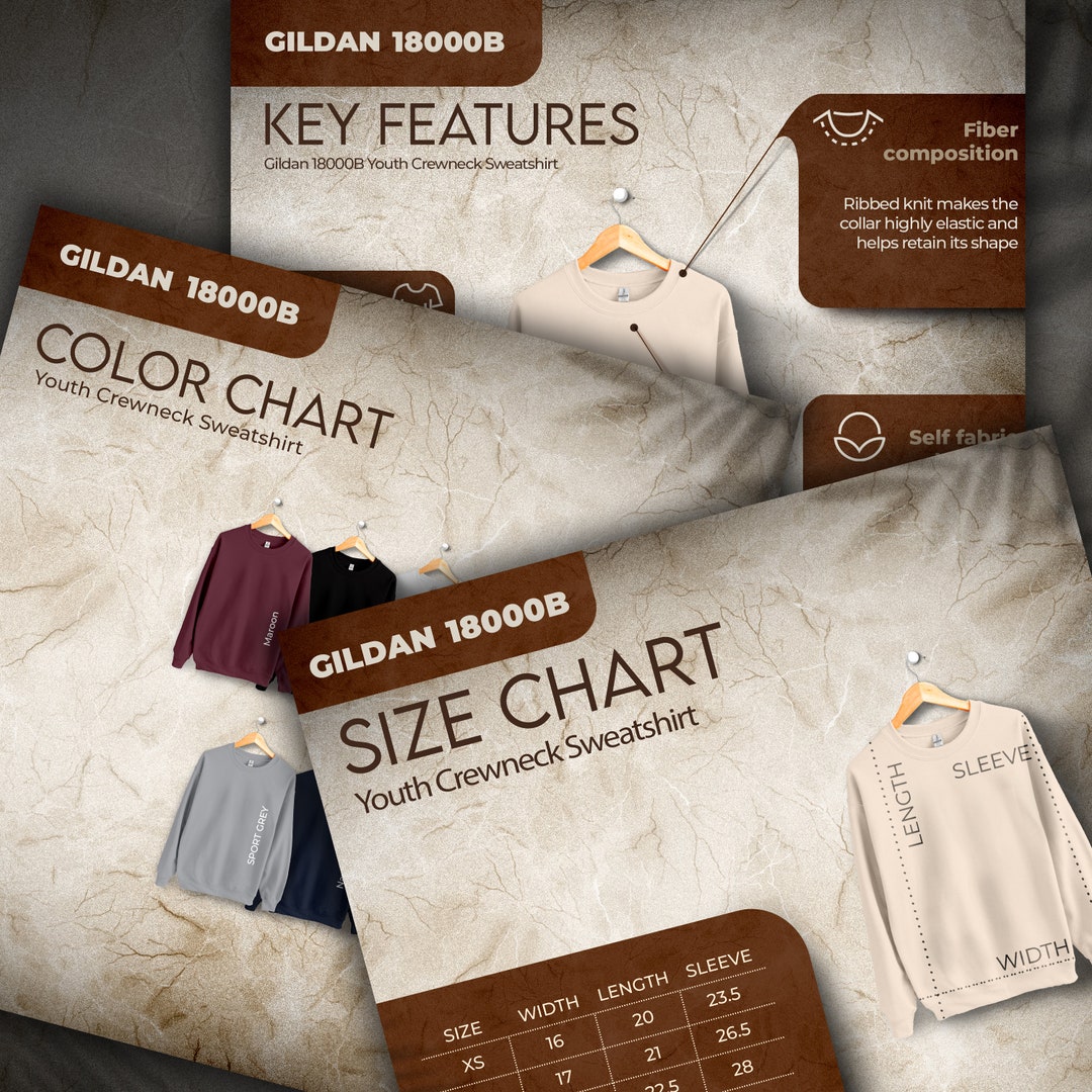Gildan 18000B Size Chart and Color Chart, Key Features Listing Files ...