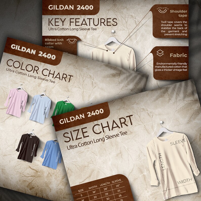 Gildan 2400 Size Chart and Color Chart, Key Features Listing Files ...